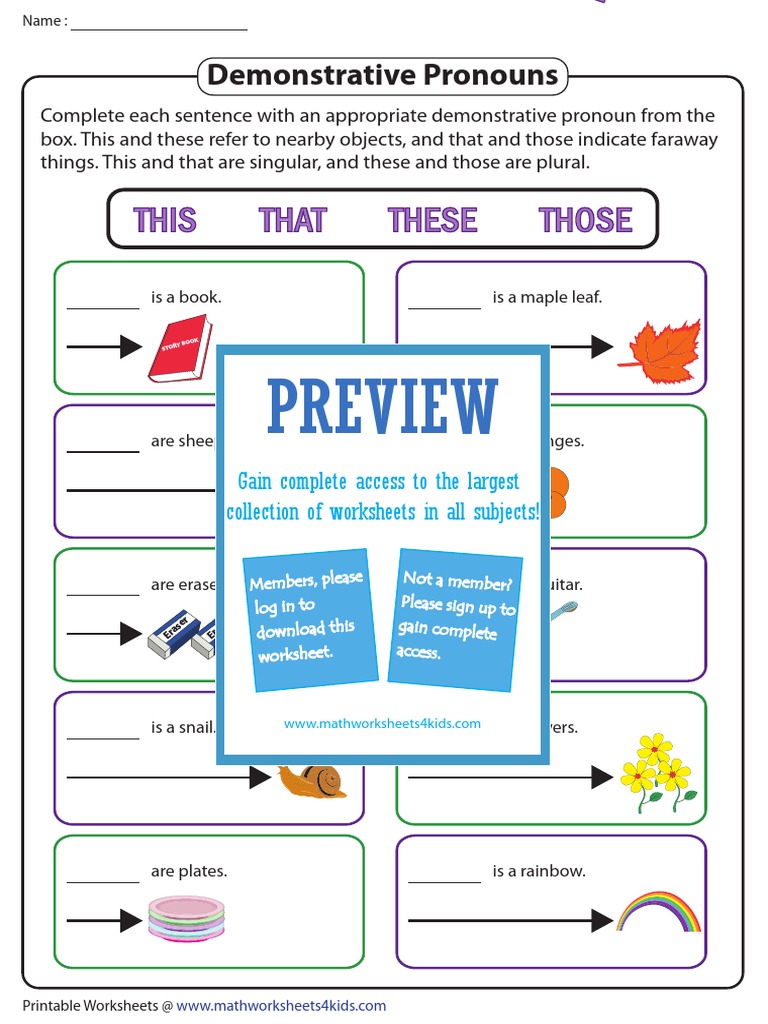 Demonstrative Pronouns Worksheet: Completing Sentences with This, That ...