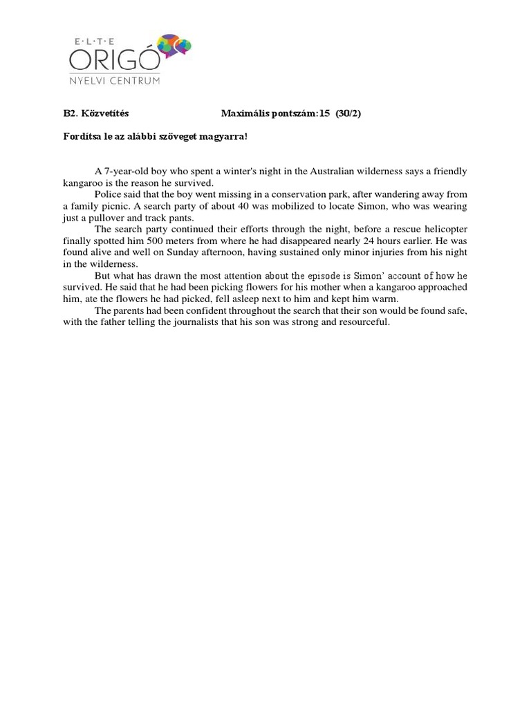 ELTE ORIGO Gyakorlo Feladat Angol B2 Közvetítés | PDF