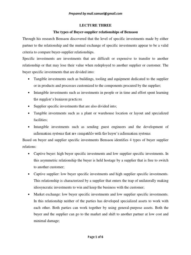 Lecture Three The Types of Buyer-Supplier Relationships of Bensaou ...