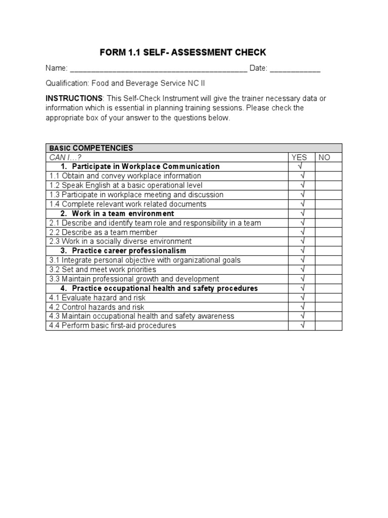 Form 1.1 Self Assessment Check | PDF | Occupational Safety And Health | Risk