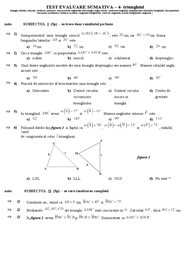 Clasa 6 Evaluare Sumativa Triunghiul 2018 Prutescu | PDF