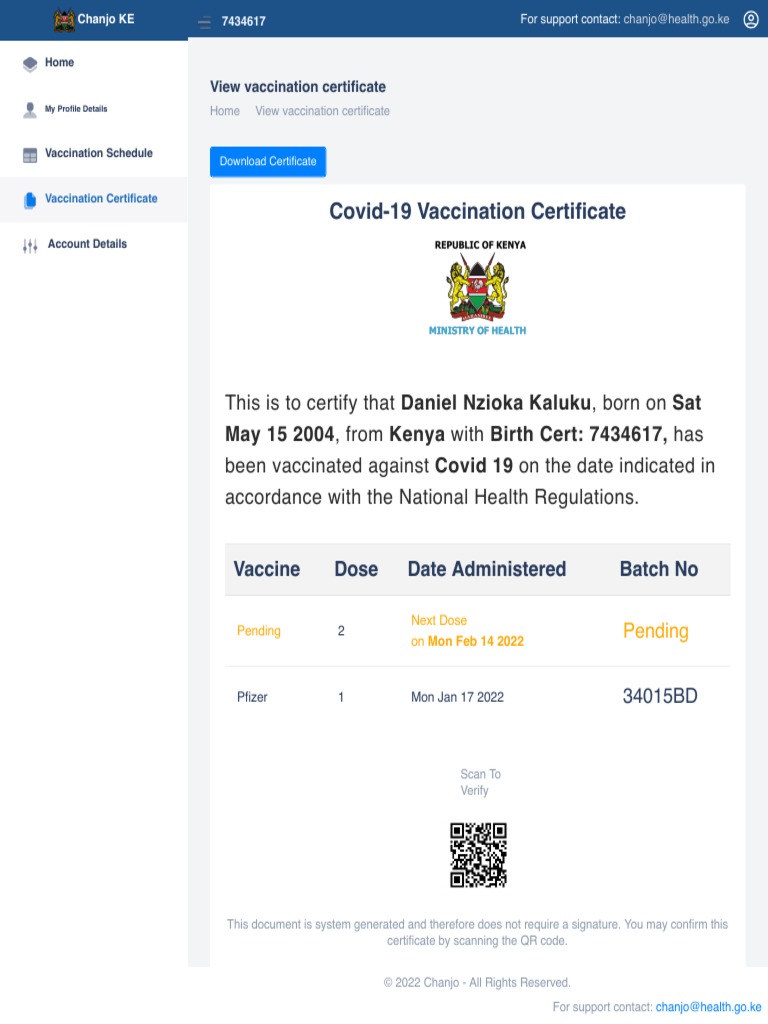 Covid-19 Vaccination Certificate: This Is To Certify That Daniel Nzioka ...