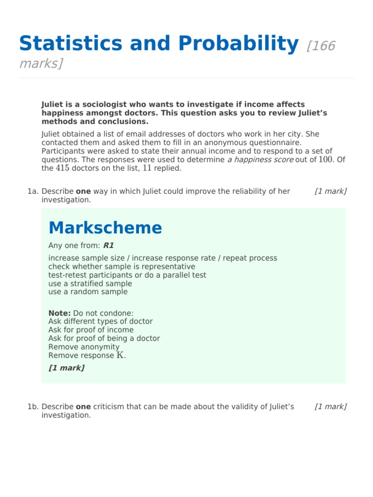 Statistics and Probability: Markscheme | Download Free PDF | Null ...