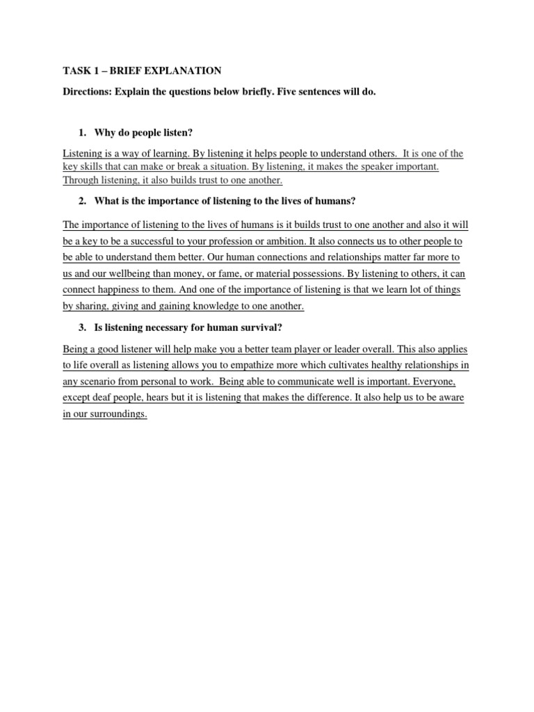 Task 1 - Brief Explanation Directions: Explain The Questions Below Briefly. Five Sentences Will ...