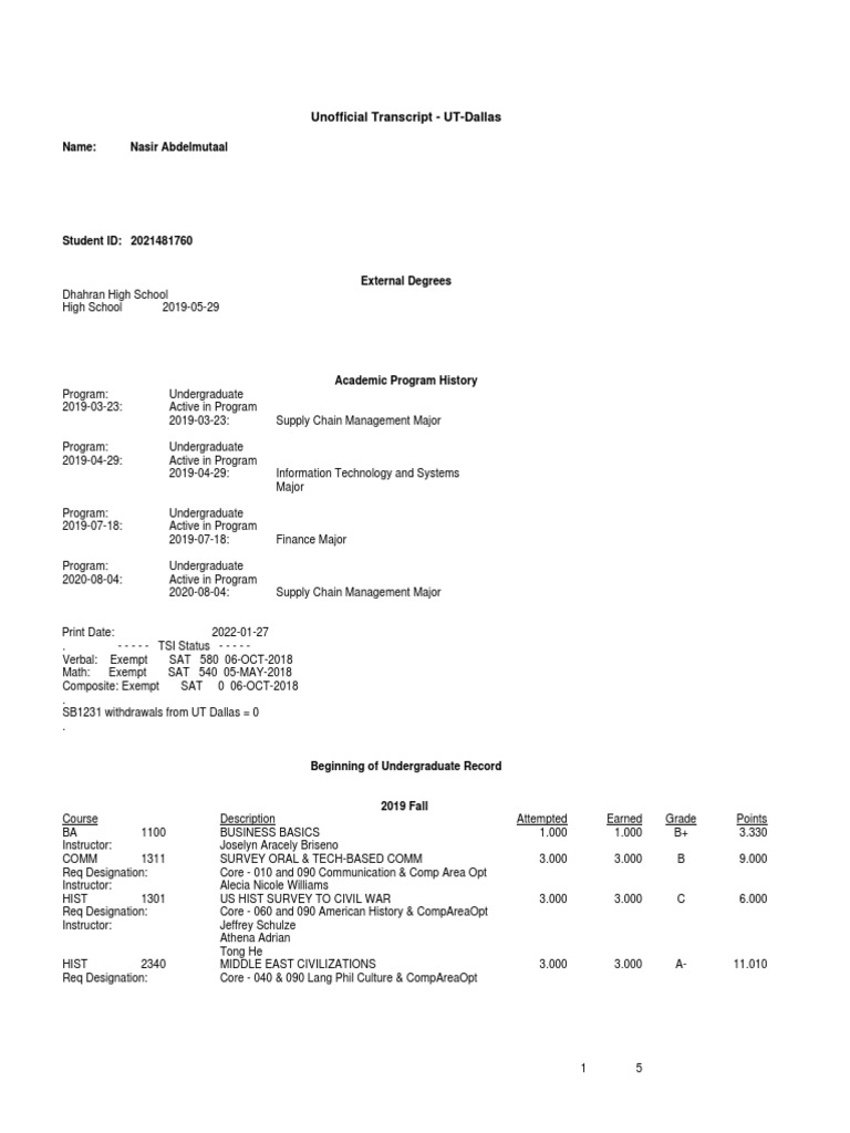 Unofficial Transcript - UT-Dallas: Name: Nasir Abdelmutaal | PDF ...