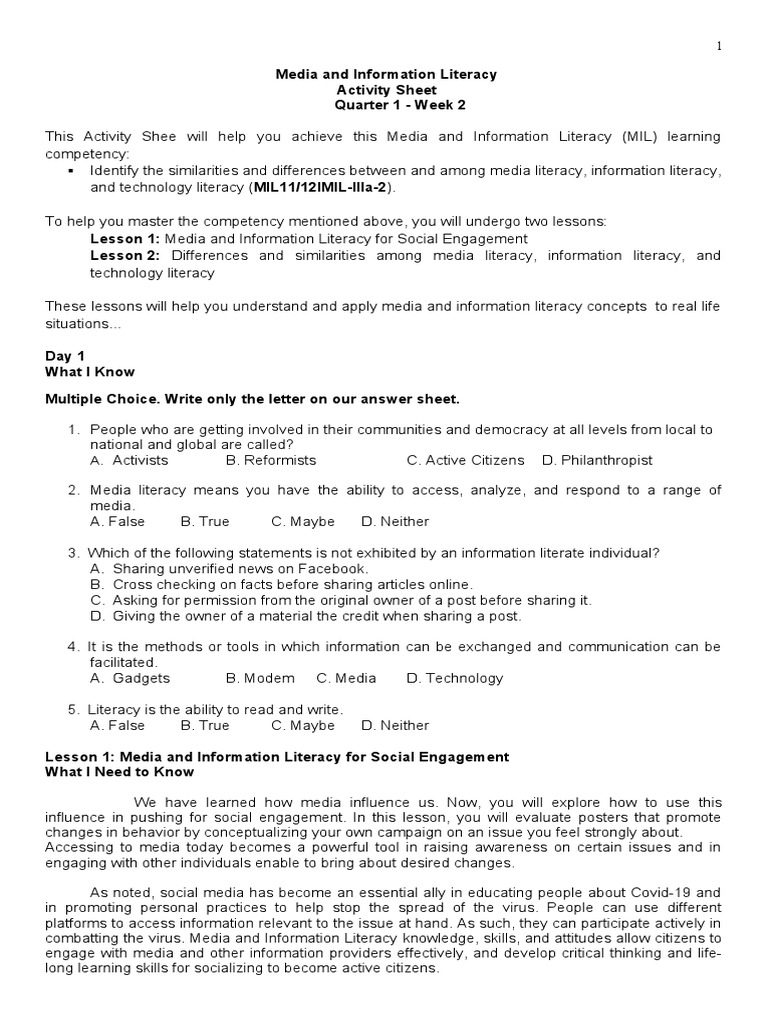 Grade 12 MIL Activity Sheet Week 2 F | PDF | Information Literacy | Literacy