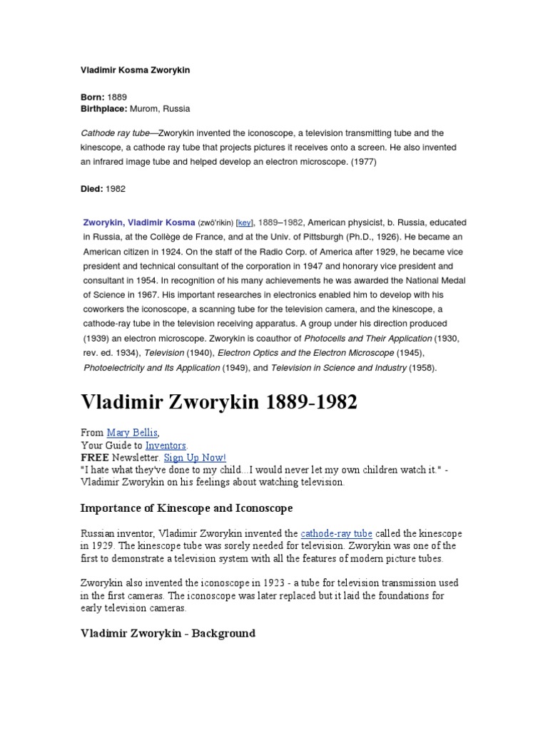 Vladimir Kosma Zworykin | PDF | Television | Rca