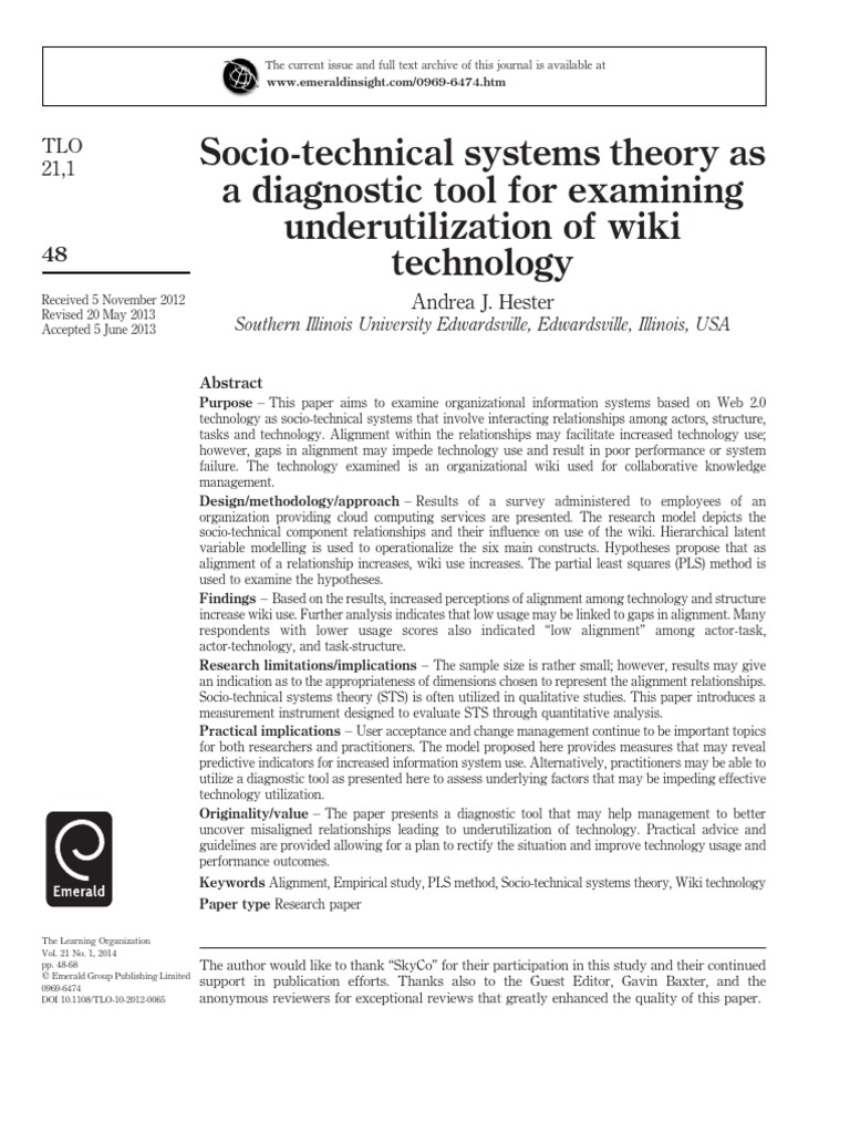 Socio-Technical Systems Theory As A Diagnostic Tool For Examining ...