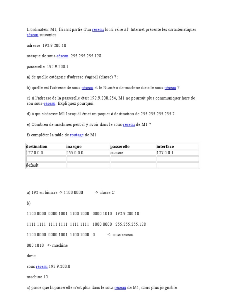 Exercice Adressage IP et notion de sous-réseau