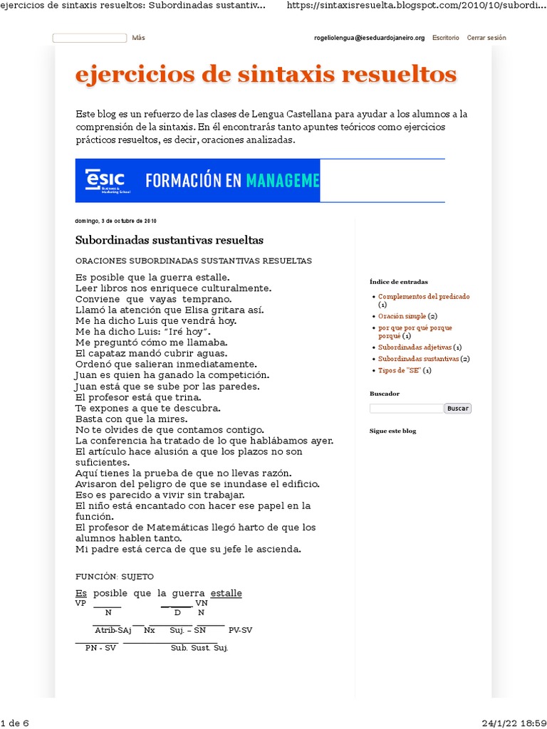 Ejercicios de Sintaxis Resueltos Subordinadas Sustantivas Resueltas | PDF | Predicado (Gramática ...