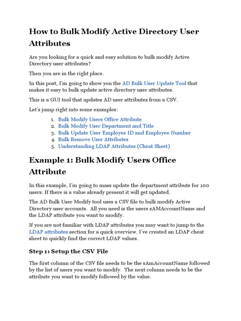 How To Bulk Modify Active Directory User Attributes | PDF | Active ... How To Bulk Modify Active Directory User Attributes | PDF | Active ...
