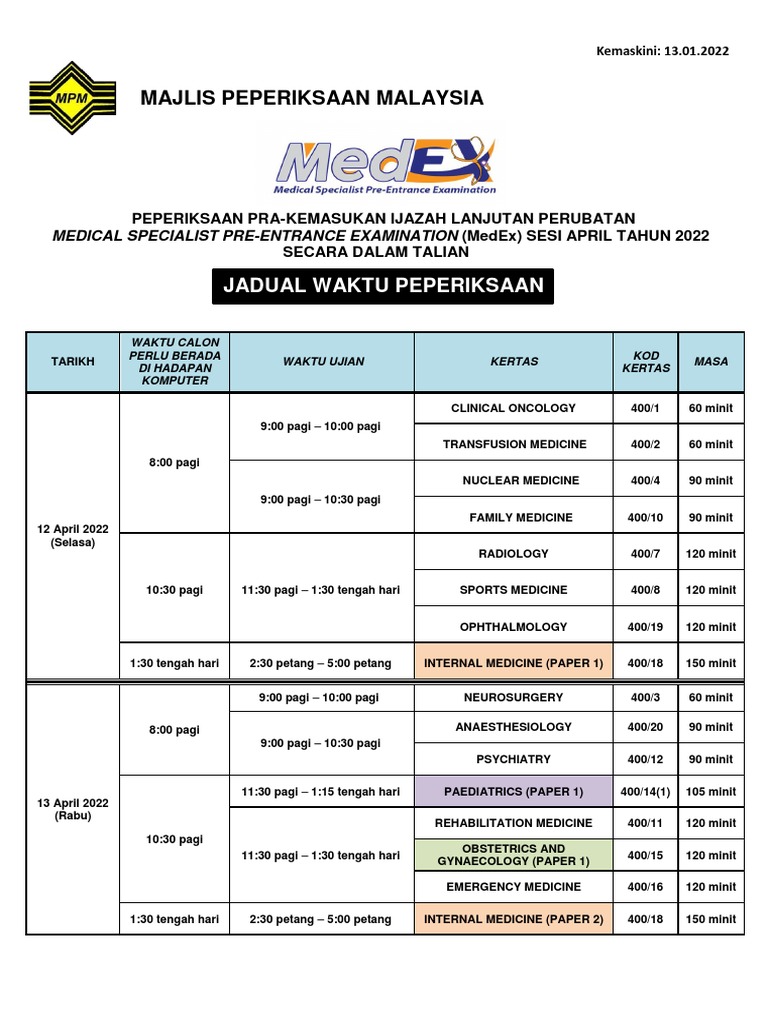 Jadual Waktu Medex Online 2021 13012022 | PDF