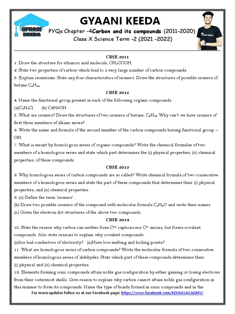 PYQs Chapter - 4 Carbon and Its Compounds | PDF | Chemical Compounds | Alkane