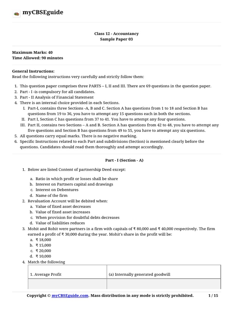 Mycbseguide: Class 12 - Accountancy Sample Paper 03 | PDF | Goodwill ...