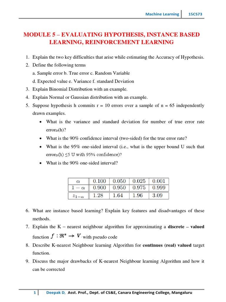 Module 5 - Evaluating Hypothesis, Instance Based Learning, Reinforcement Learning | PDF