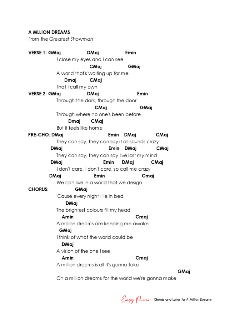 Chords and Lyrics For A Million Dreams | PDF