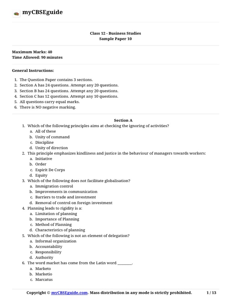 Mycbseguide: Class 12 - Business Studies Sample Paper 10 | PDF ...