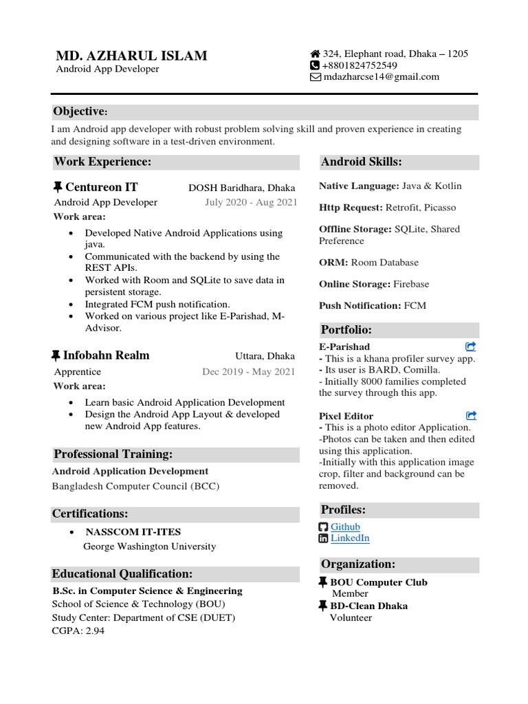 MD Azharul Islam CV | PDF | Application Software | Android (Operating System)