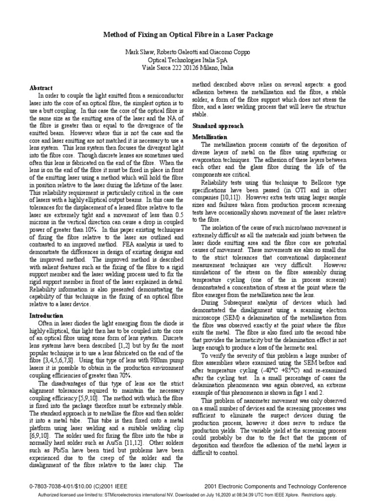 Method of Fixing An Optical Fibre in A Laser Package | PDF | Laser ...