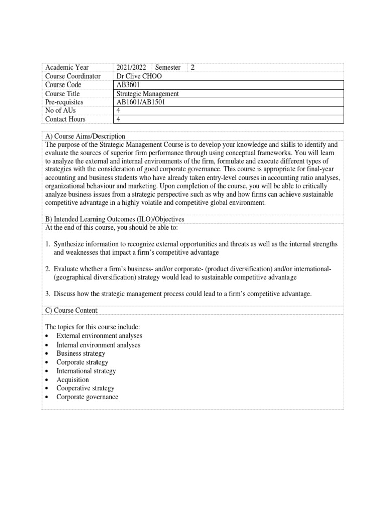 AB3601 - Strategic Management Course Outline 2021 - 2022 S2 | PDF ...