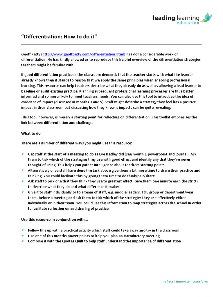 Differentiation How To Do It Geoff Petty | PDF | Learning | Learning Styles