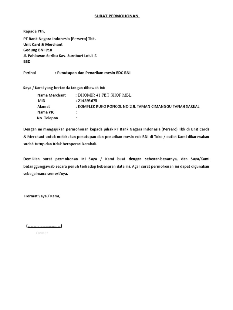 Surat Permohonan Penutupan Edc ST8 | PDF