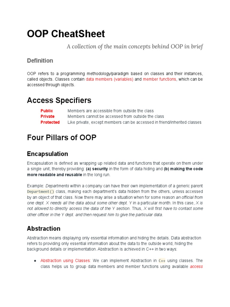 Oop Cheatsheet Access Specifiers Pdf Inheritance Object Oriented