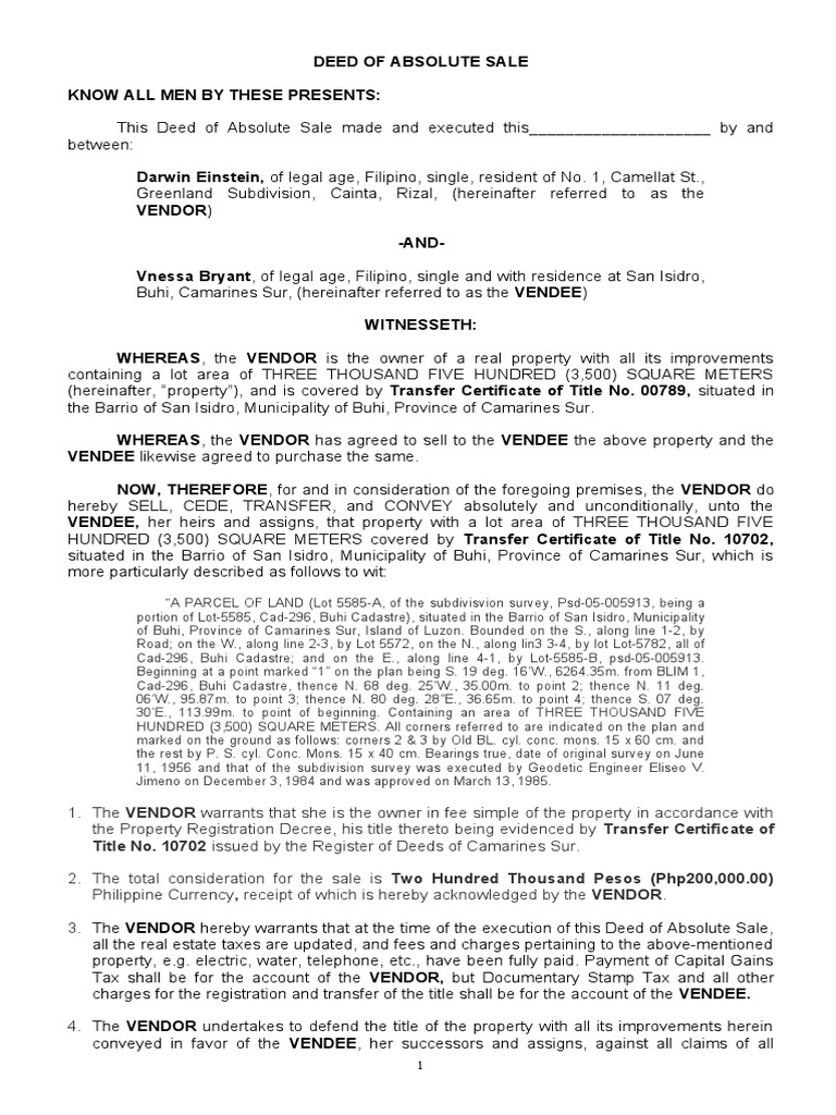 Deed of Absolute Sale - Land | PDF | Deed | Law And Economics
