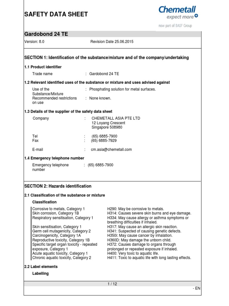 Gardobond 24 Te - SDS | PDF | Toxicity | Allergy