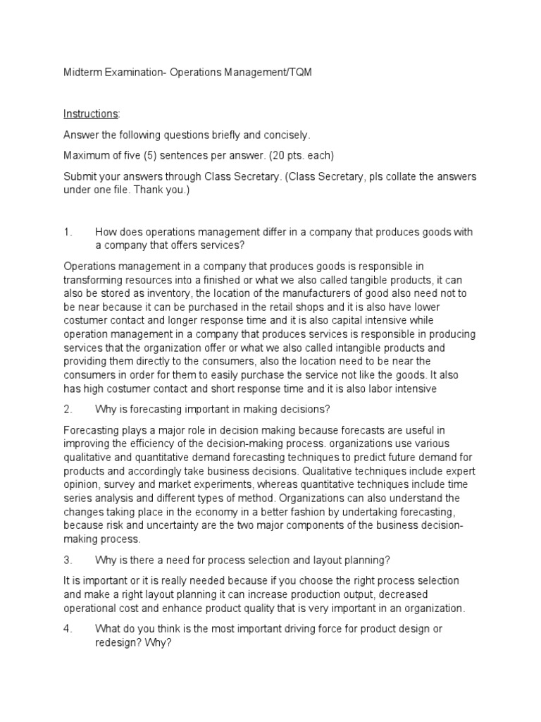 OPMAN Midterm Exam | PDF | Forecasting | Operations Management