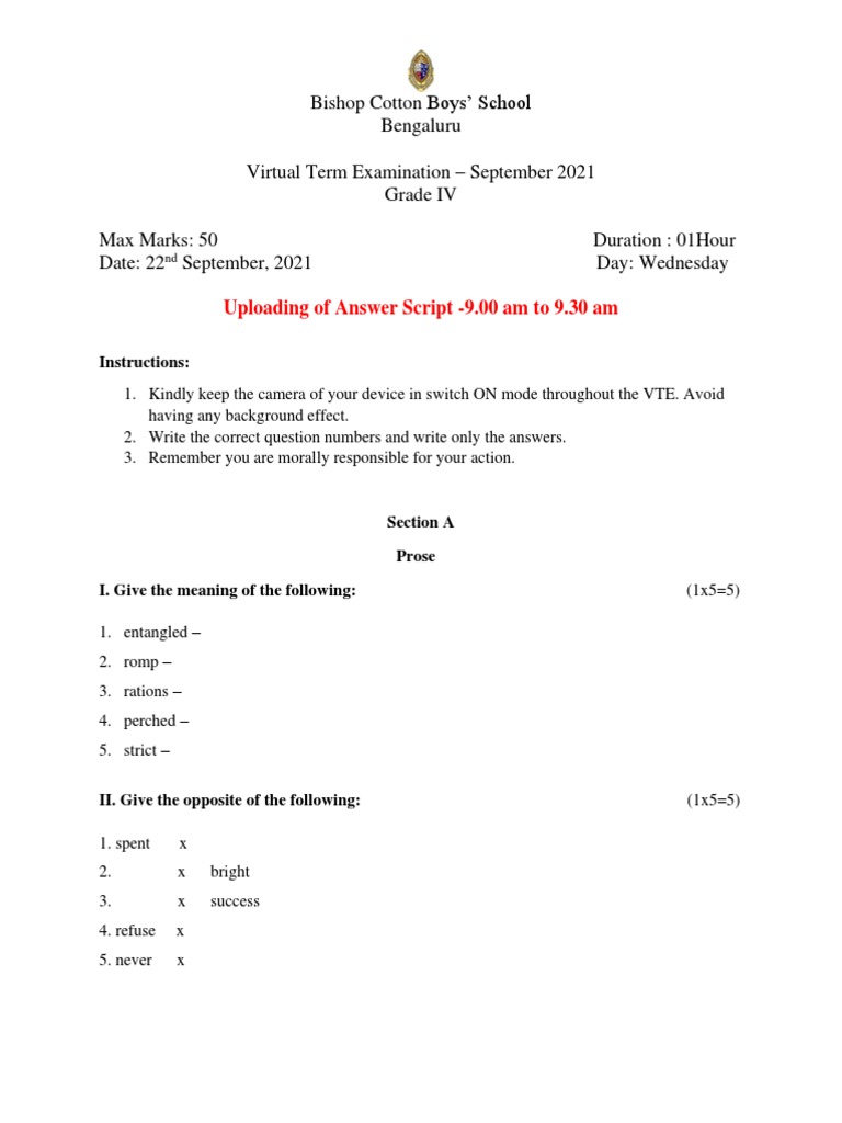 VTE English Literature Class 4 Question Paper | PDF | Poetry