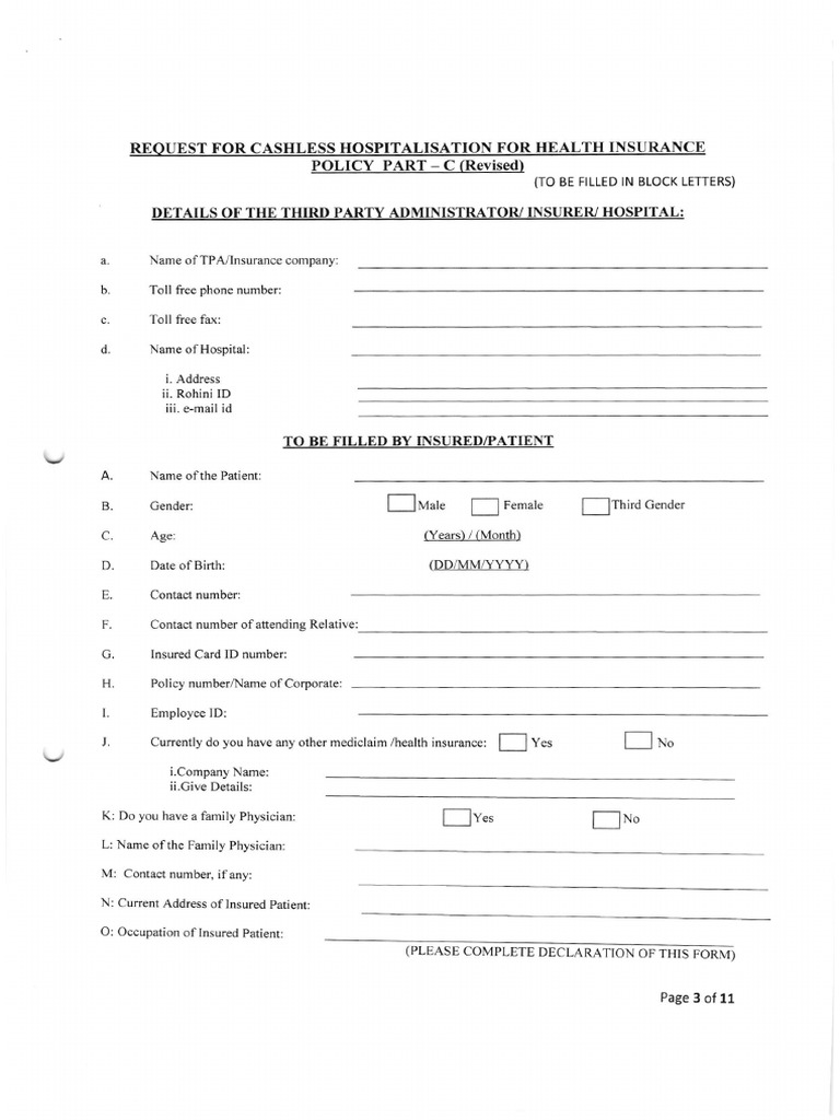 Part C Pre Auth Cashless - Request - Form | PDF