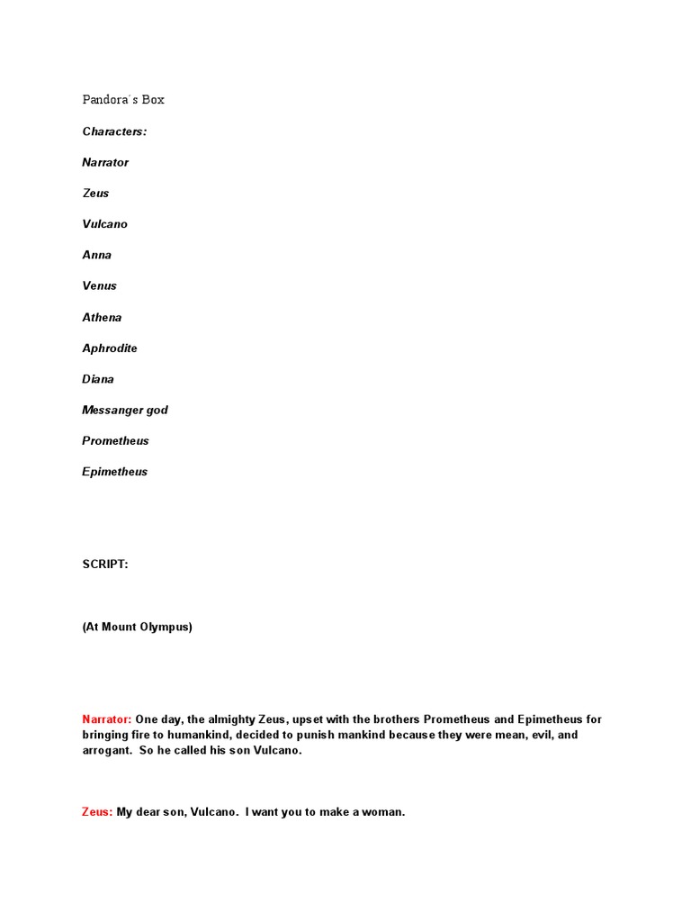 Pandora S Box: Characters: Narrator Zeus Vulcano Anna Venus Athena ...