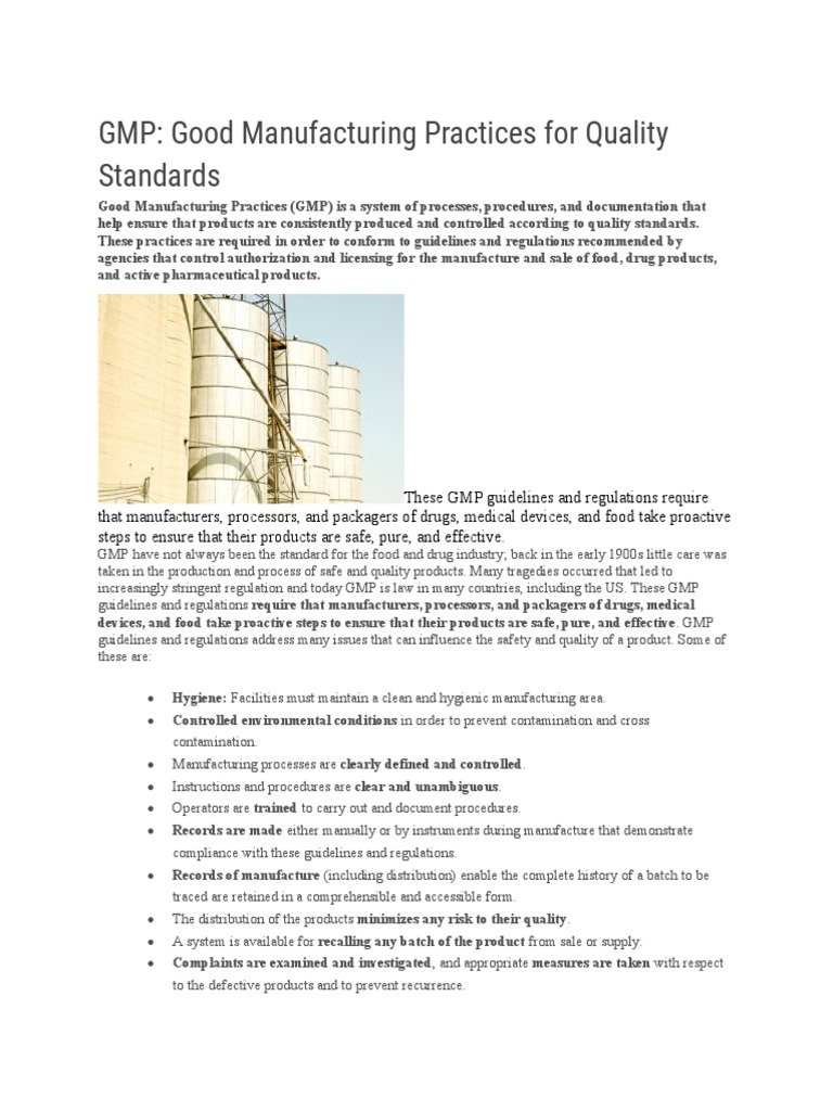GMP Good Manufacturing Practices For Quality Standards | PDF | Health ...