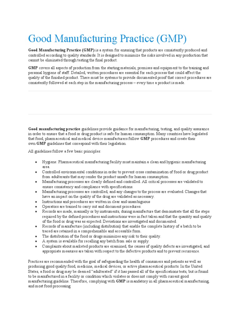 GMP Guidelines for Safe Manufacturing | PDF | Health Sciences | Health Care