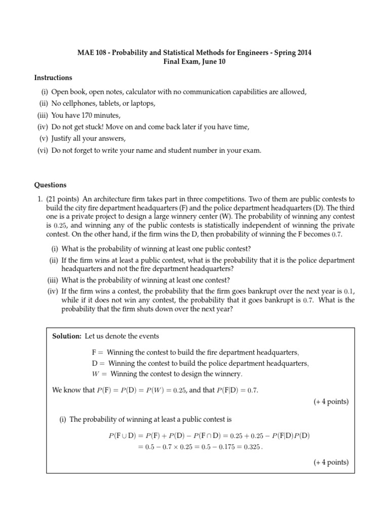 MAE 108 - Probability and Statistical Methods For Engineers - Spring 2014 Final Exam, June 10 ...