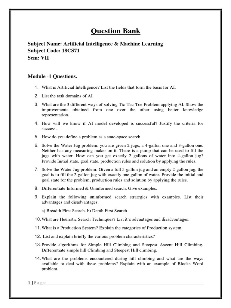 Question Bank: Subject Name: Artificial Intelligence & Machine Learning Subject Code: 18CS71 Sem ...