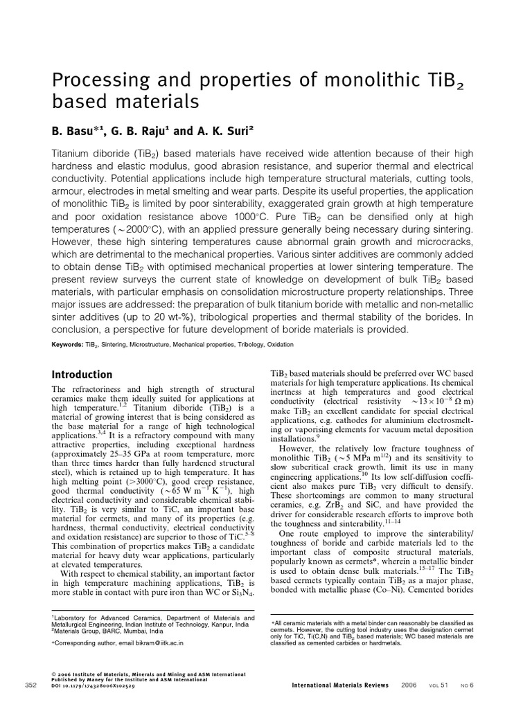 2006-IMR-Processing and Properties of Monolithic TiB2 Based Materials | PDF | Sintering | Ceramics