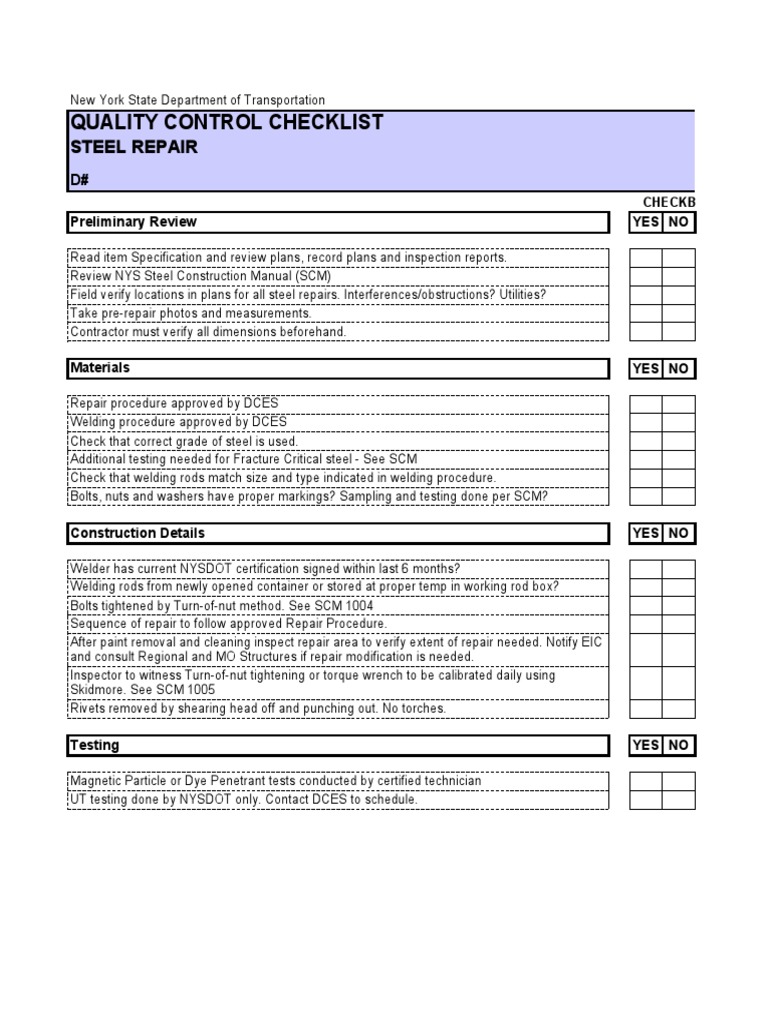 Steel Repair Quality Control Checklist | PDF | Computers