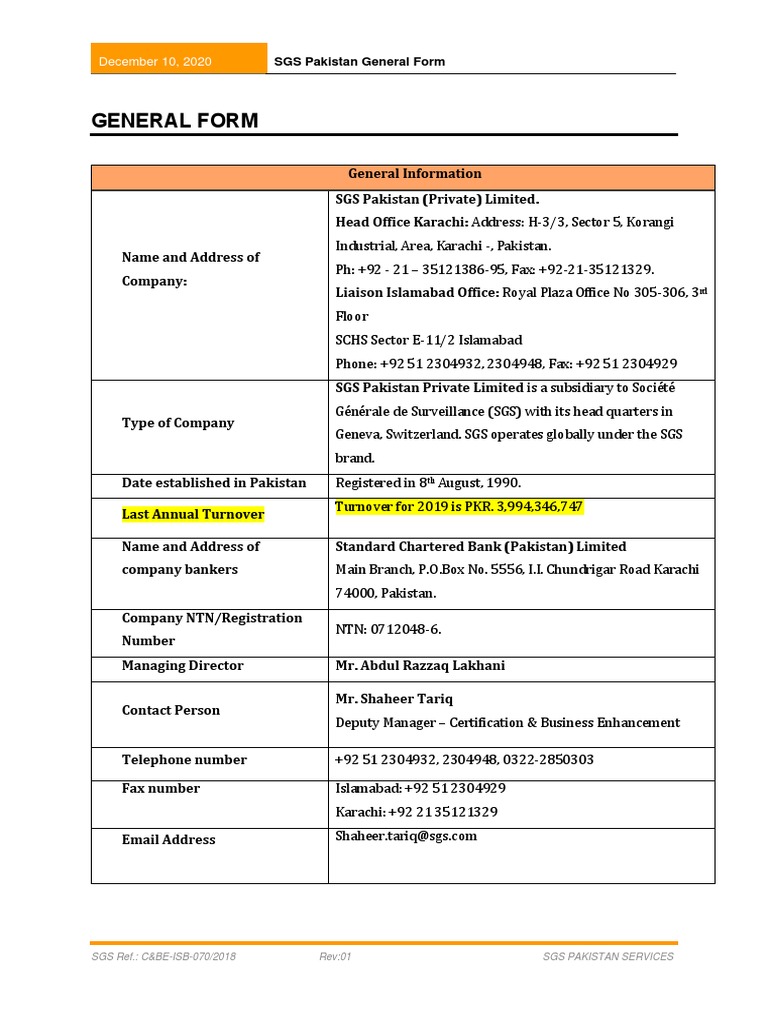 SGS Pakistan General Information Form | PDF | Business
