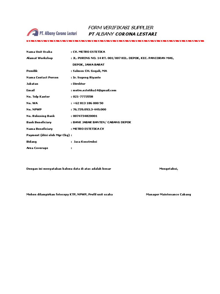 Form Verifikasi Supplier | PDF