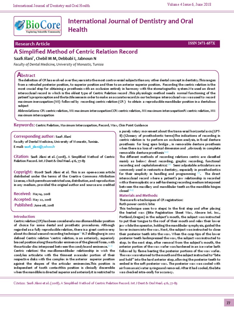 A Simplified Method of Centric Relation Record | PDF | Dentistry Branches