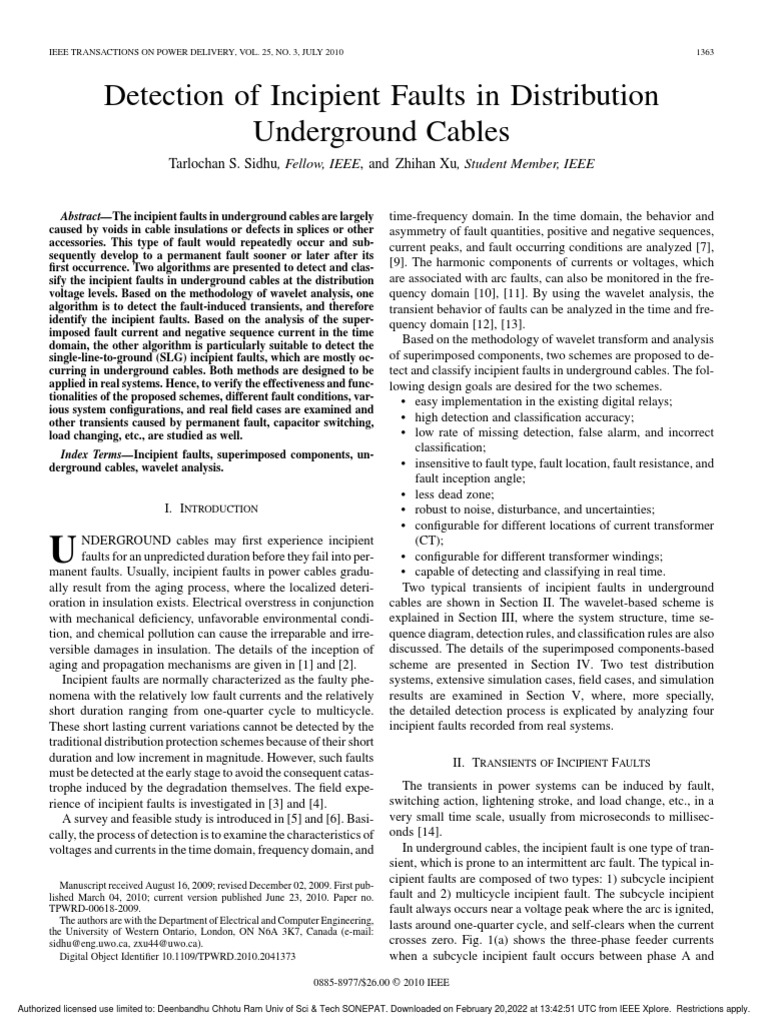 Detection Of Incipient Faults In Distribution Underground Cables Pdf Signal To Noise Ratio