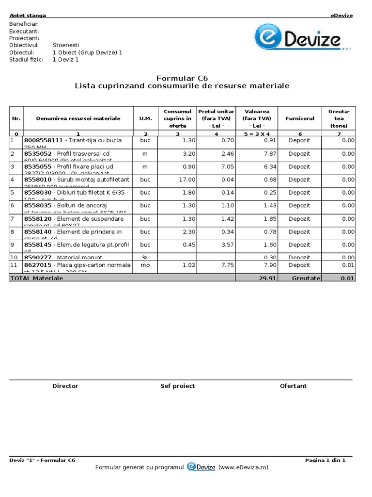 1 1 Deviz 1 C6 Deviz Extras Materiale | PDF