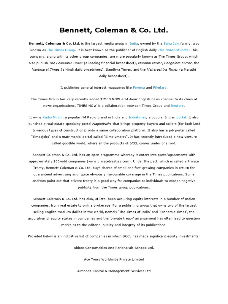 Bennett, Coleman & Co. LTD.: India Sahu Jain The Times Group | PDF