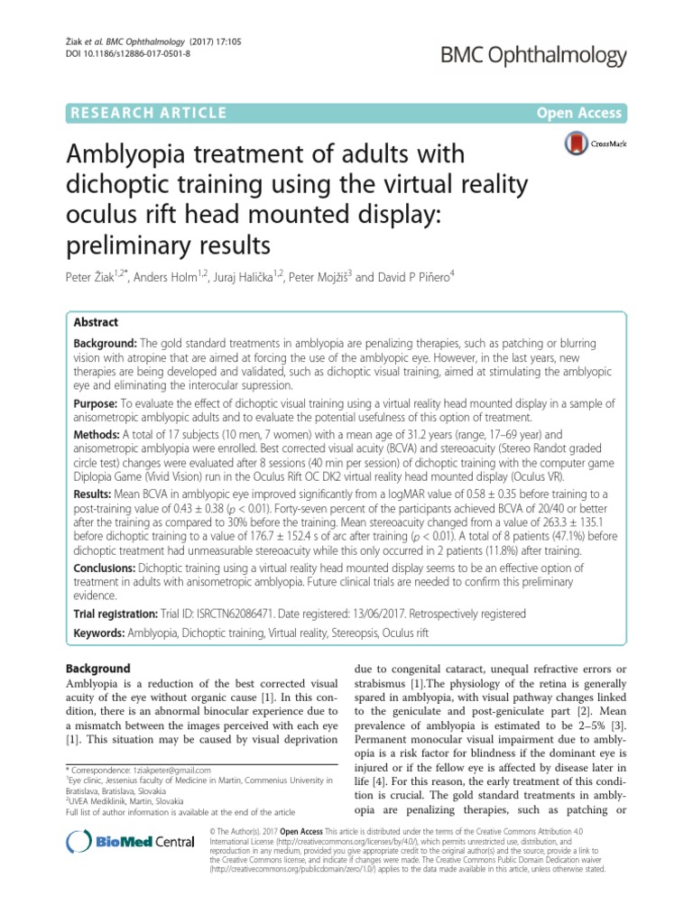 Amblyopia Treatment of Adults With Dichoptic Training Using The Virtual Reality Oculus Rift Head ...
