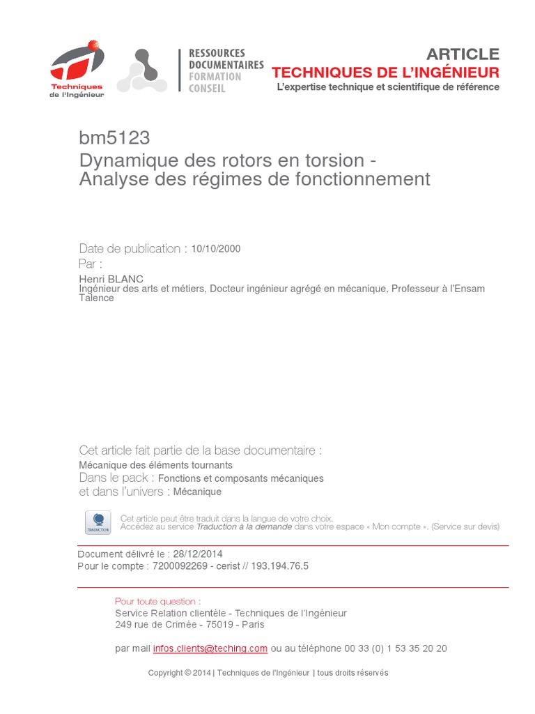 Dynamique Des Rotors en Torsion - Analyse Des Régimes de Fonctionnement ...