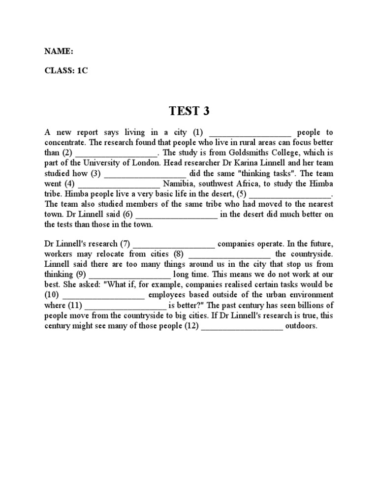 Test 3: Name: Class: 1C | PDF | Wellness | Science & Mathematics