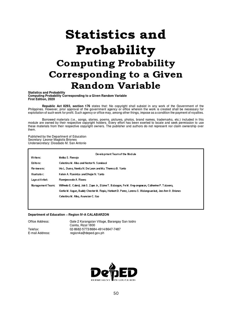 Statistics and Probability: Computing Probability Corresponding To A Given Random Variable | PDF ...