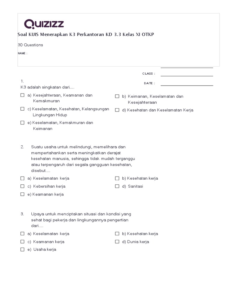 Soal KUIS Menerapkan K3 Perkantoran KD 3 | PDF | Seni | Teknologi & Rekayasa